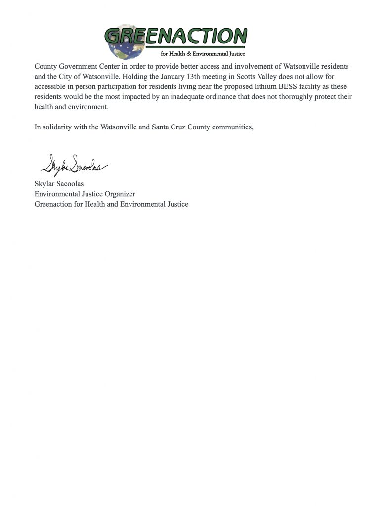 Greenaction Letter on the proposed Santa Cruz County Battery Energy ...